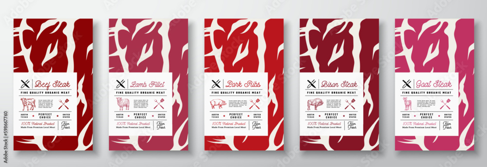 Meat Texture Abstract Vector Product Labels Set. Food Packaging Design ...
