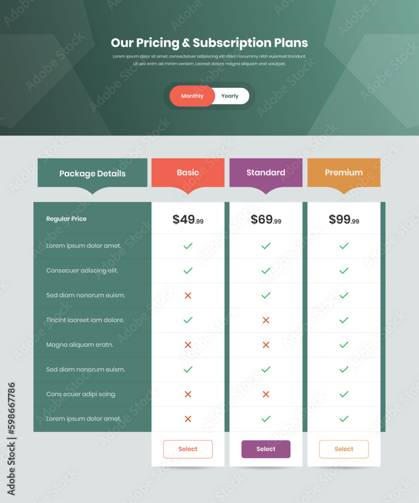 Business subscription pricing comparison table ui design Stock Vector | Adobe Stock
