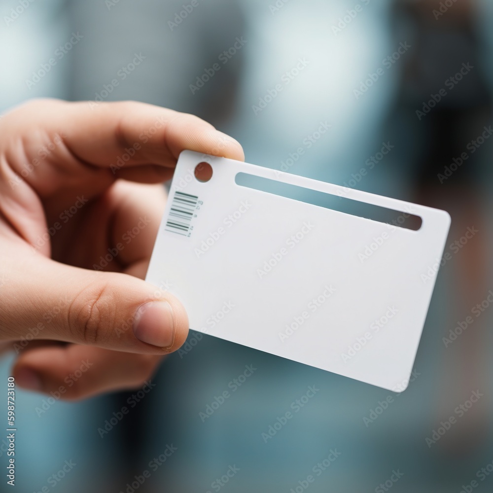 Mockup of id card. A man hand holding a blank white identification card ...