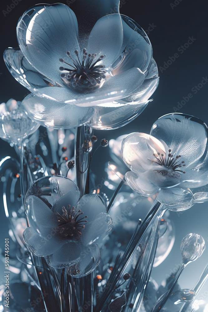 Translucent futuristic inorganic flowers, white background, behance, c4d, blender, OC renderer ...
