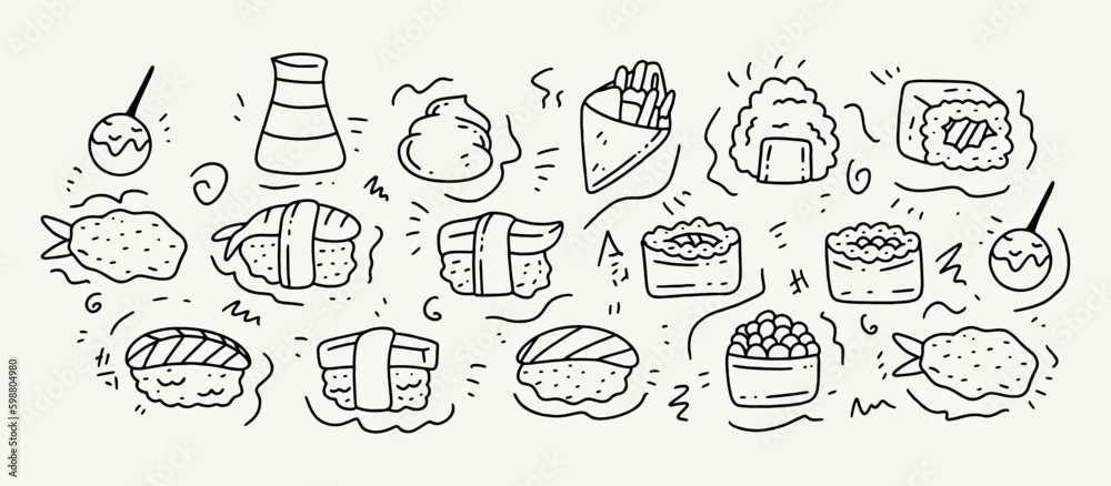 sushi doodle hand drawn outline sketch Stock Vector | Adobe Stock