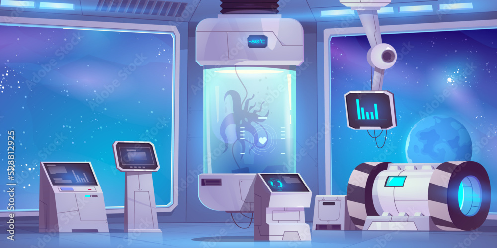 Cartoon spaceship lab interior design. Vector illustration of ...