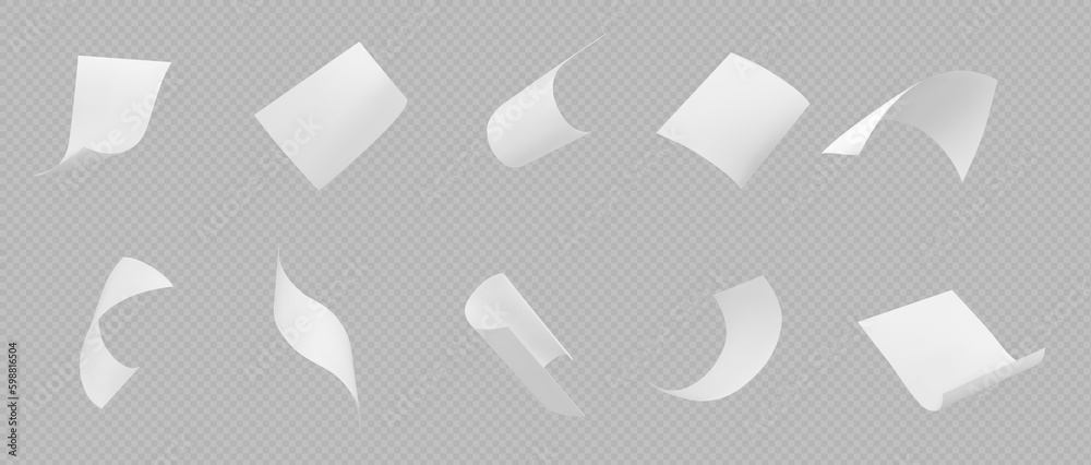 3d isolated fly white paper sheet. Fall document page on transparent ...