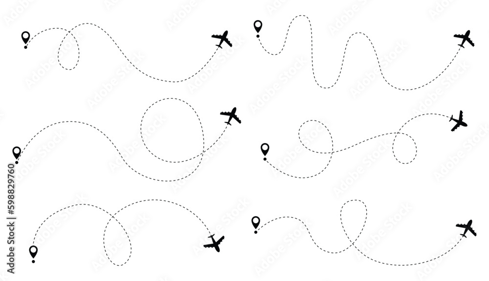 Airplane dotted route line set. Path travel line shapes. Flight route ...