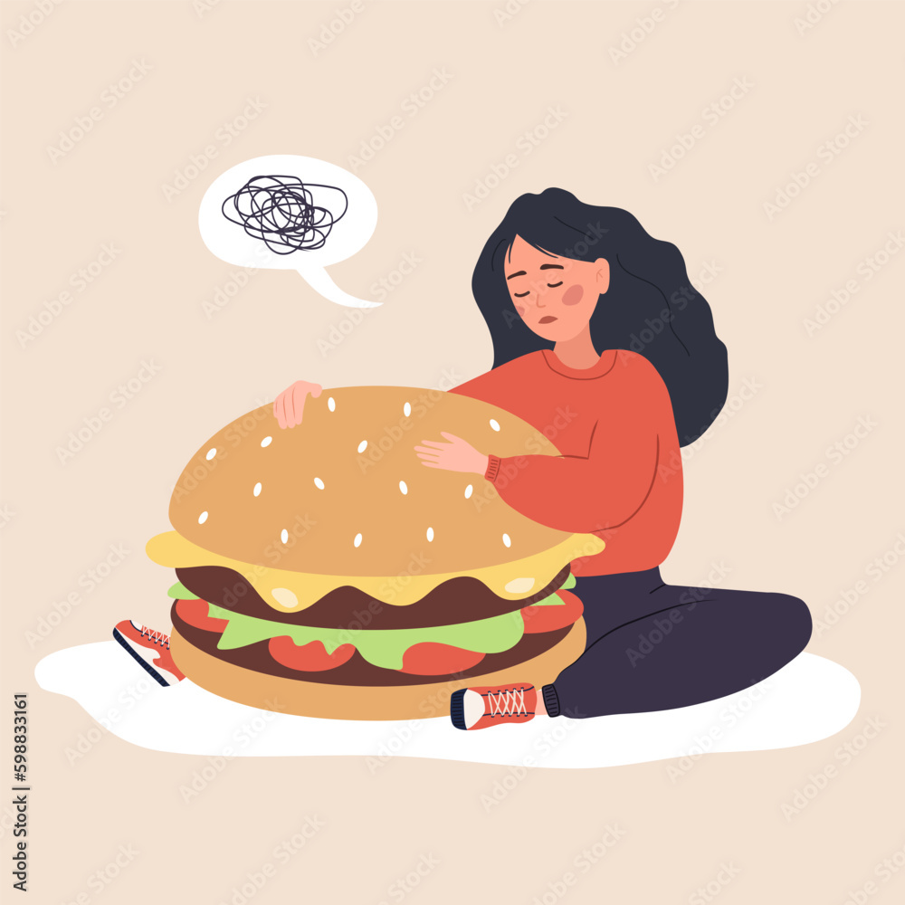 Eating disorder. Sad woman hugging huge hamburger and worries about ...