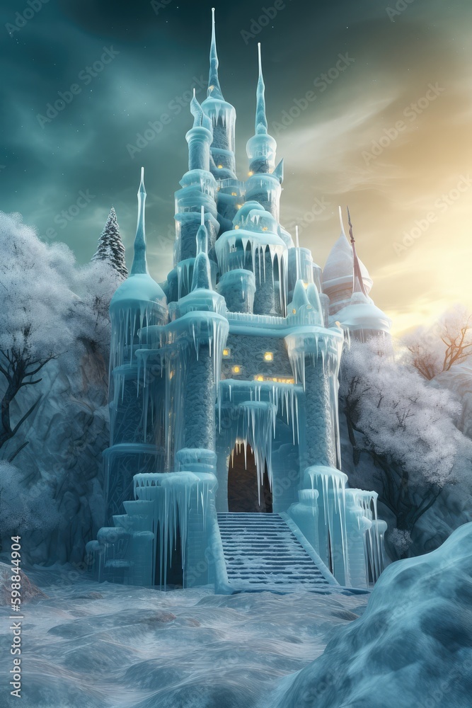 Fantasy castle made of ice. Fairy tale scene. Winter wonderland ...
