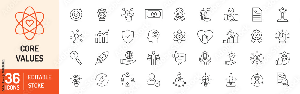 Core Values icon set. Success, quality, innovative, client, business ...