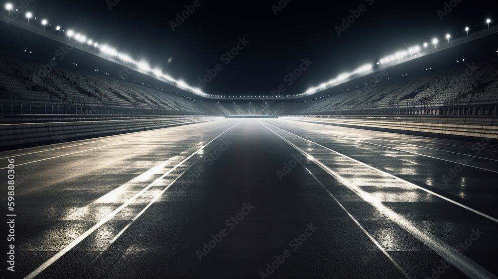 Asphalt racing track finish line and illuminated race sport stadium at ...