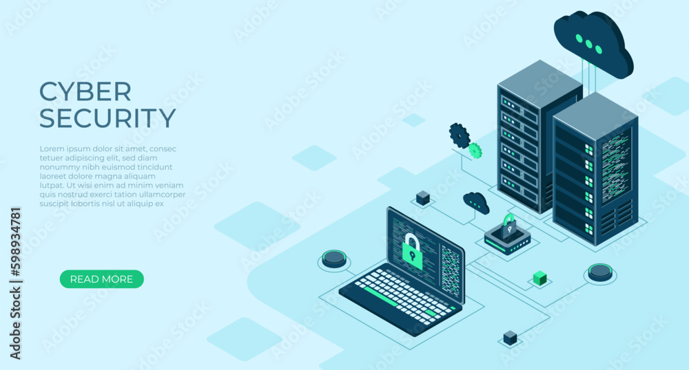 Cyber data security. Internet security isometric concept. Server room ...