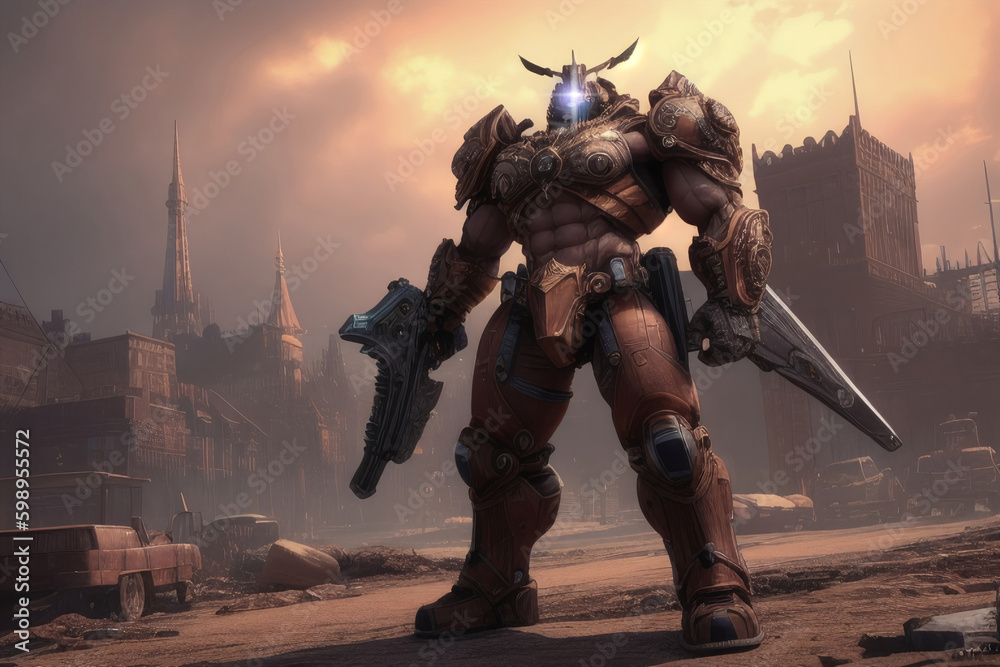 Sci-Fi Cyborg Muscular Warrior in Armor Holding Weapons Glowing Eye in ...