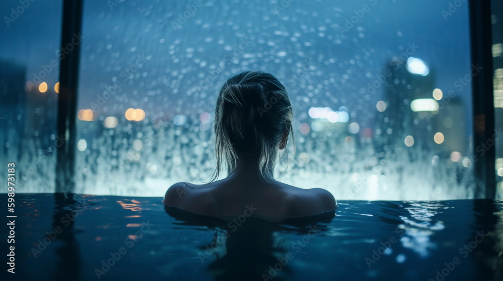 Metropolis Oasis: Back View of Beautiful Girl Swimming in Glass Pool on ...