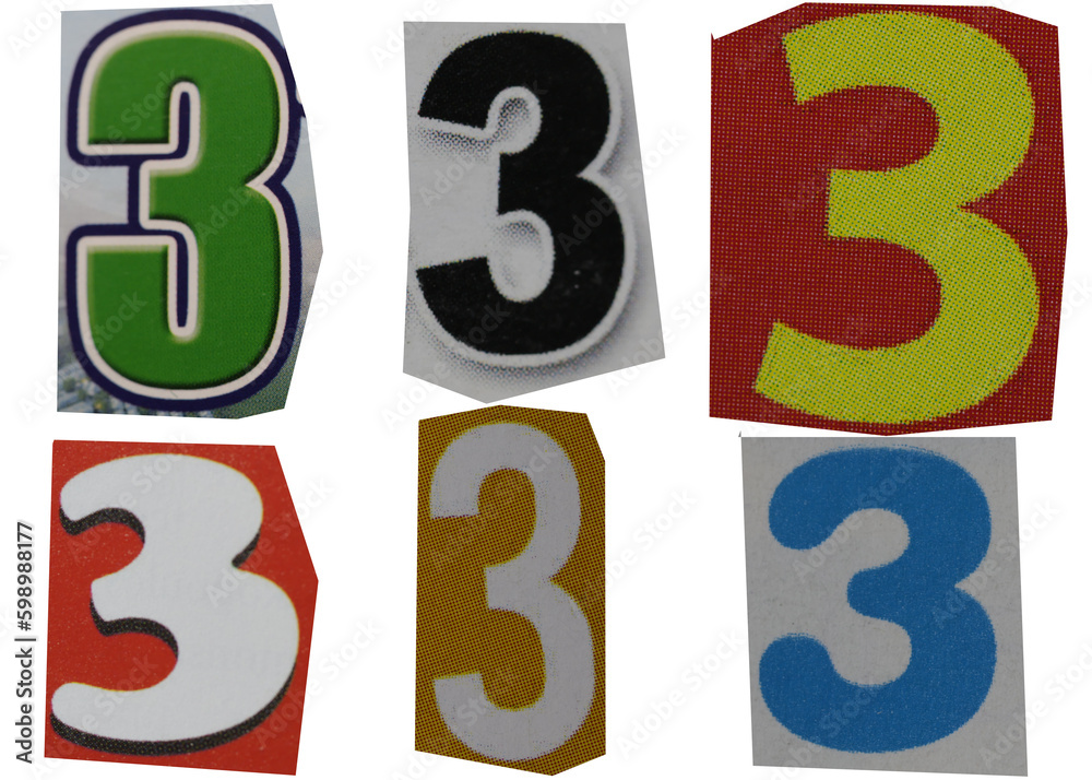 Number 3 magazine cut out font, ransom letter, isolated collage ...