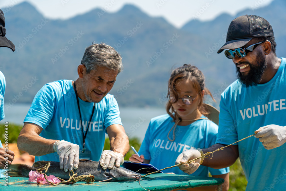 team of volunteers rescues the fish by pulling trash out of its mouth ...
