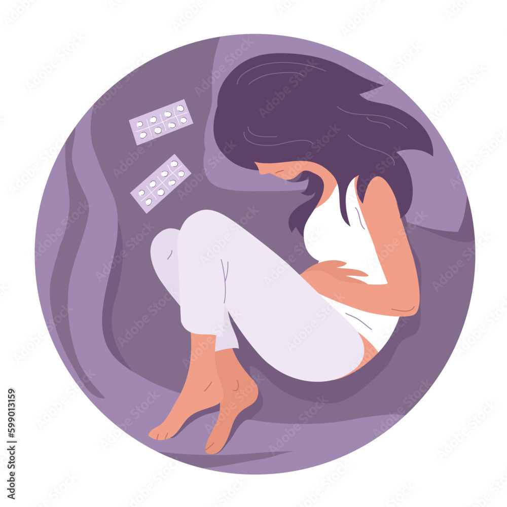 A young woman suffers from abdominal pain. Lying in bed. Symptom of ...