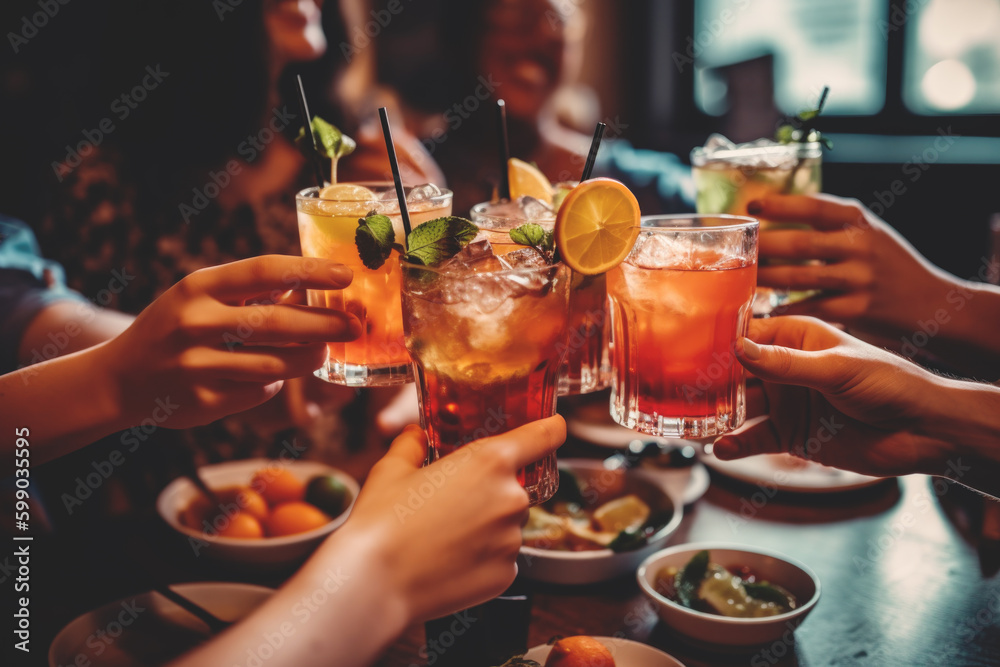 Close up of friends group cheering mojito drinks at bar restaurant ...