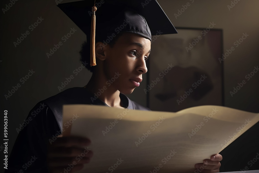 Student with a graduation cap looking into papers, fictitious person ...