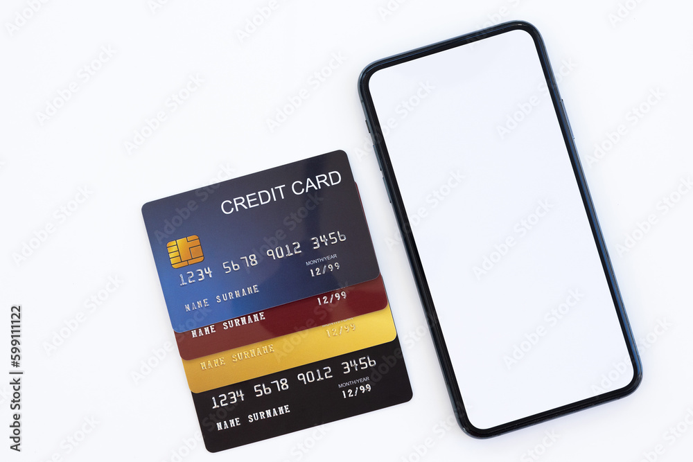 Smartphone and plastic credit card. mobile phone with blank white ...