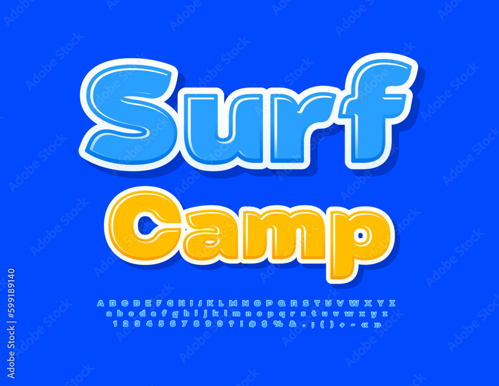 Vector recreational sign Surf Camp. Blue Alphabet letters, Numbers and ...