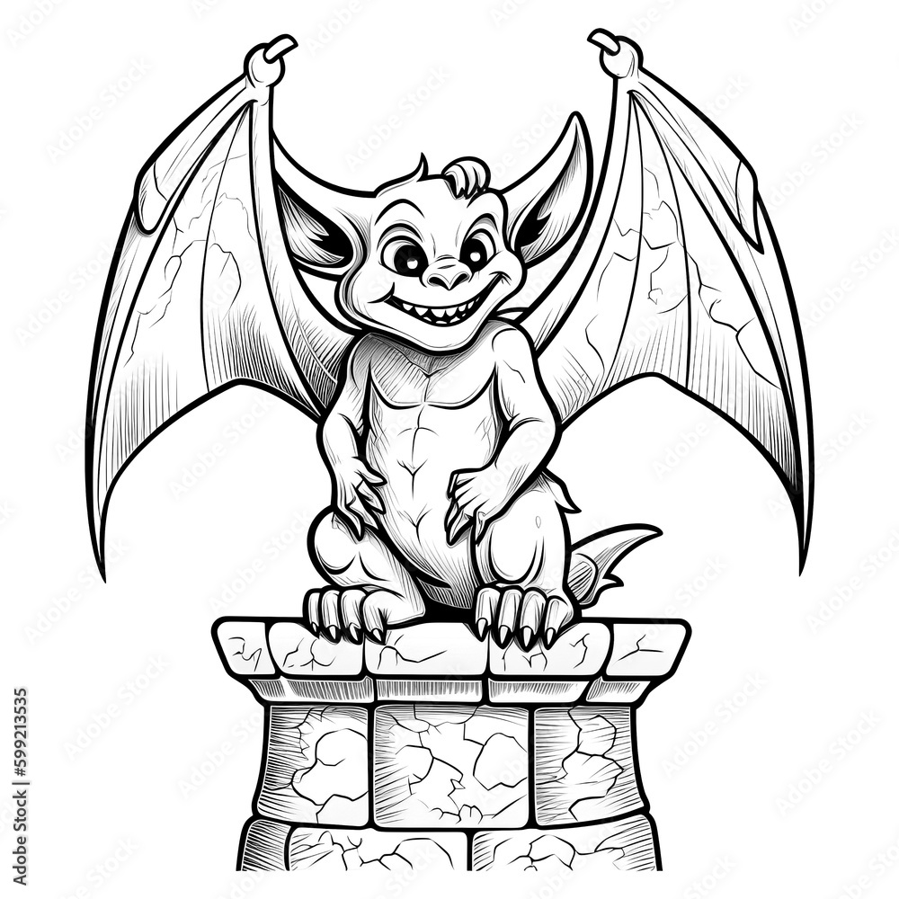 Gargoyle Coloring Page Thick Outline Silhouette Hand Drawn Illustration ...
