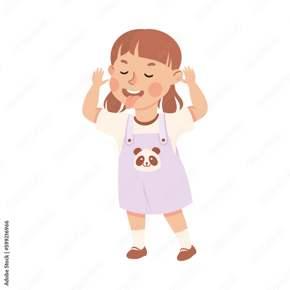 Little bully girl grimacing and teasing. Kid showing tongue and ...