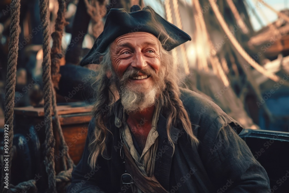 Ilustración de Stock Candid photo of a joyful jolly pirate aboard his ...