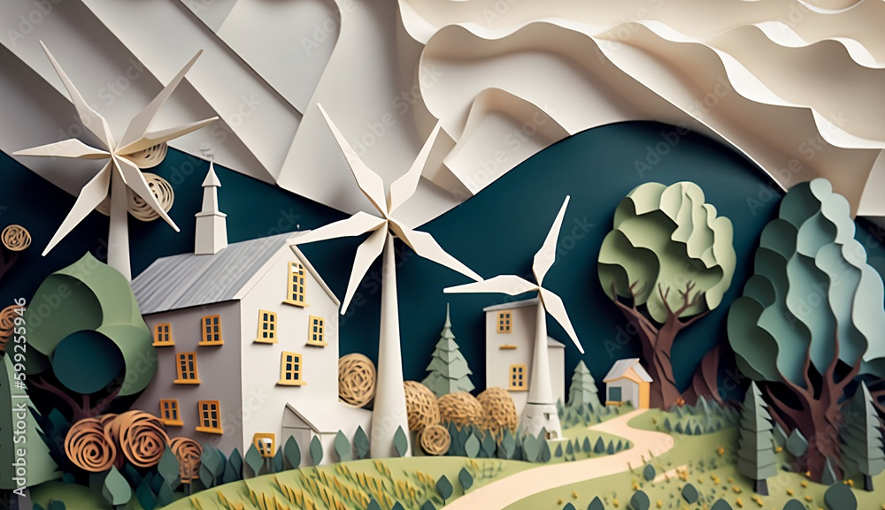 Paper art , renewable energy with green energy as wind turbines ...