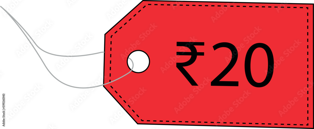 Twenty rupees. 20 rupees. Indian rupees. Label price tag design. Sale ...