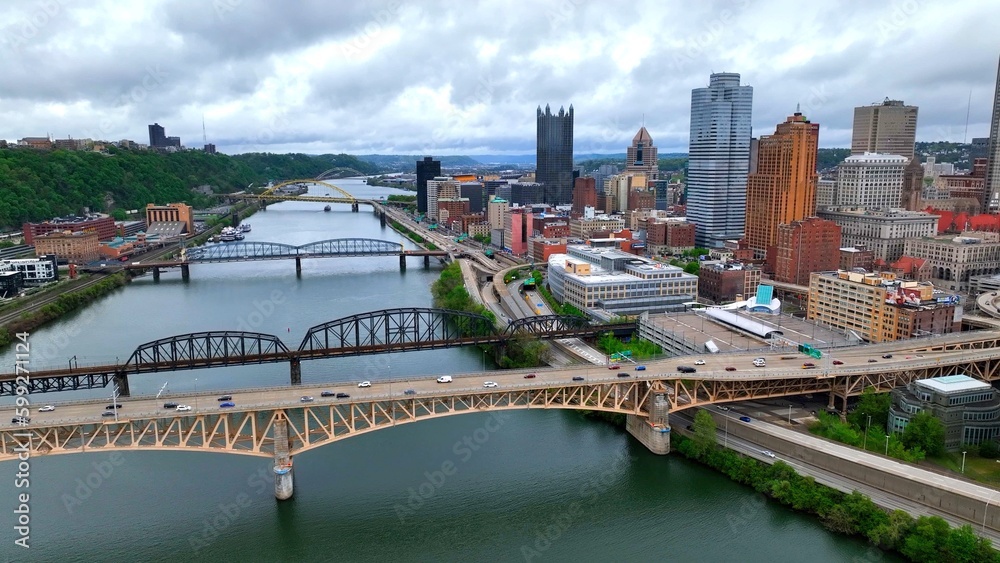 Pittsburg, Pennsylvania city skyline with office towers, streets ...
