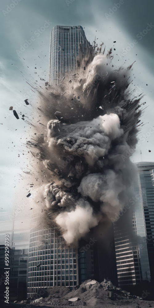 Generative AI image of drone view of skyscraper of urban city exploding ...