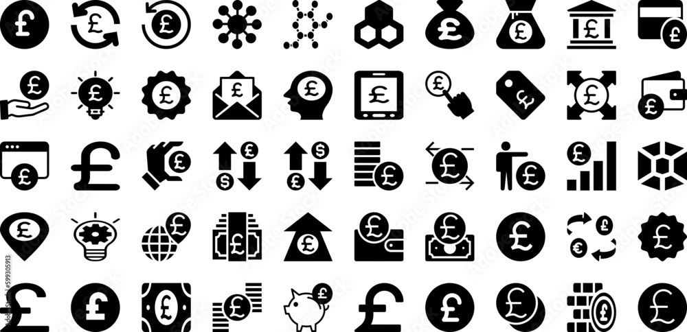 Pound Icon Set Isolated Silhouette Solid Icons With Icon, Cash, Sign ...