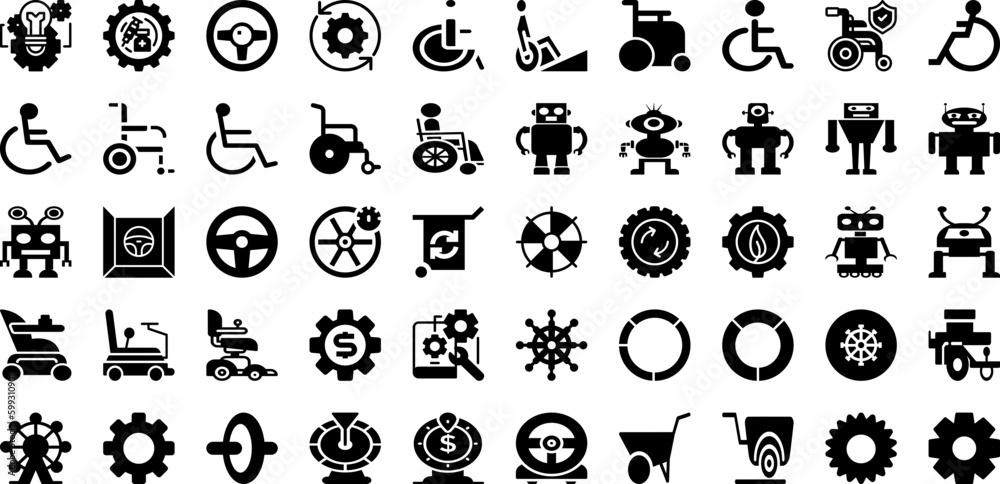Wheel Icon Set Isolated Silhouette Solid Icons With Symbol, Wheel ...