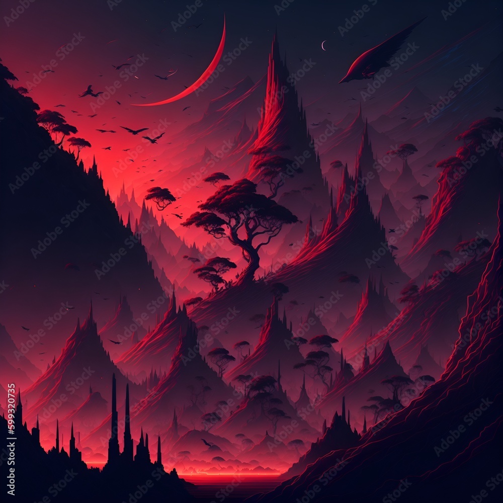 fantasy world red gradient sunset, floating islands, space view comets ...