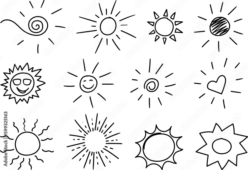 Cute cartoon hand drawn sun drawing. Sweet vector black and white sun ...