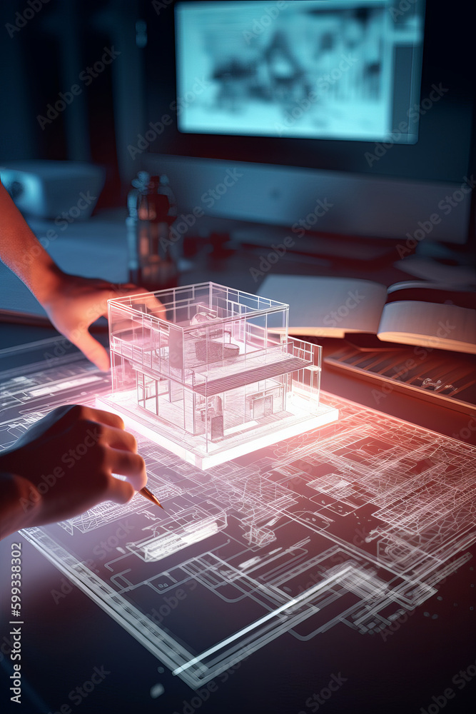 Architectural drawings of a family house on the drafting table are ...