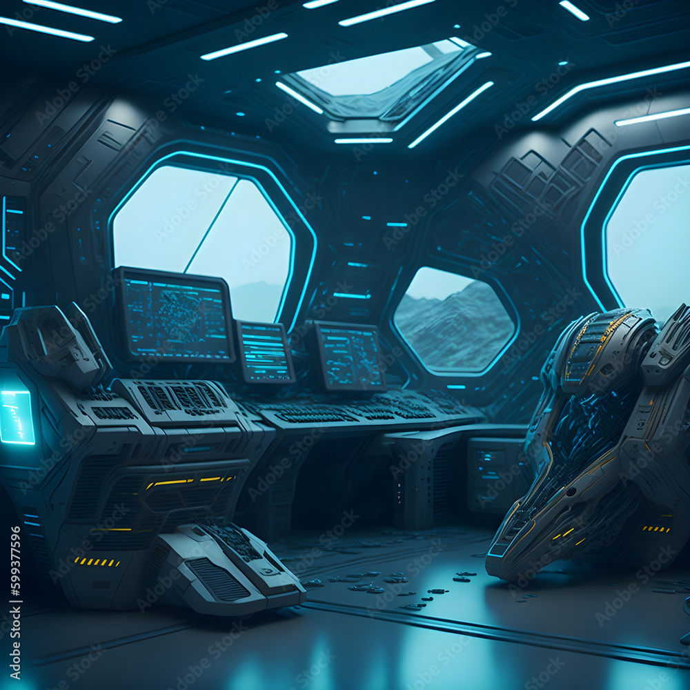 Ilustración de Stock Futuristic Sci-fi Alien Spaceship Command Center ...