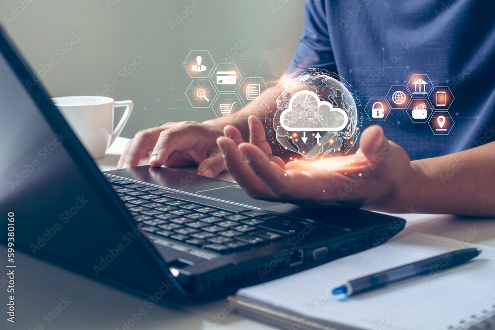 Cloud technology management big data. Hand holding infographic cloud computing and technology ...