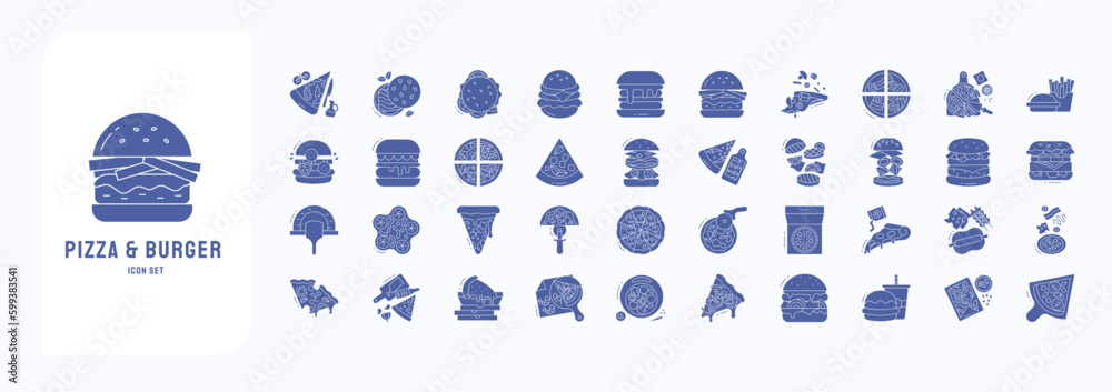 A collection sheet of solid icons for Pizza and Burger, including icons ...