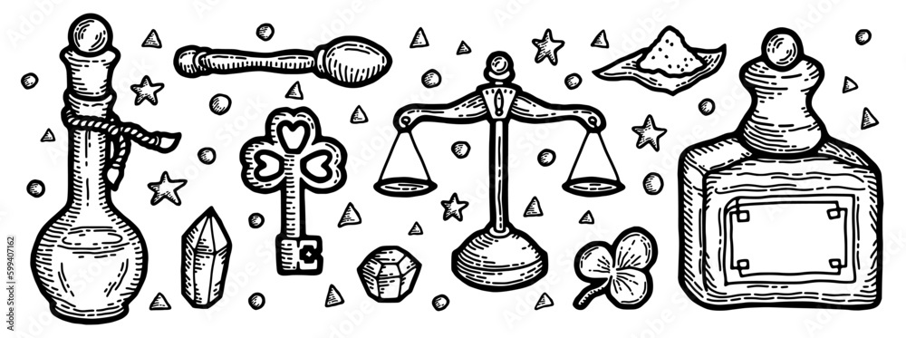 Potion, poison bottles. Alchemy magic key, crystal gemstone, vintage ...