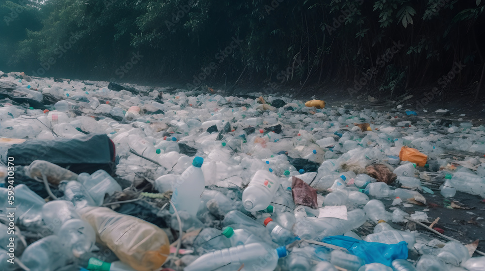 ภาพประกอบ Stock PLASTIC POLLUTION in the jungle. Dirty plastic bottles ...