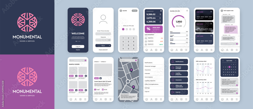 UI UX mobile app design template with pink logo and violet background ...