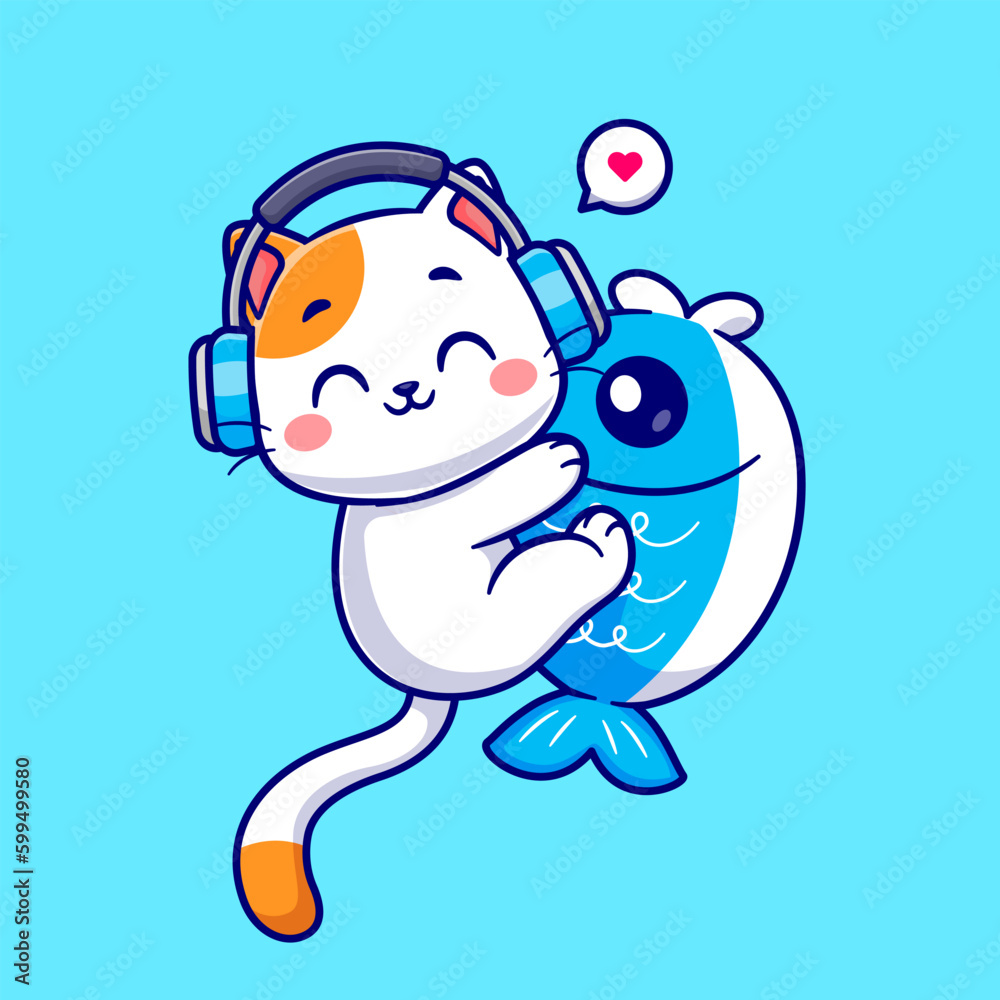 Cute Cat Hug Fish With Headphone Cartoon Vector Icon Illustration ...