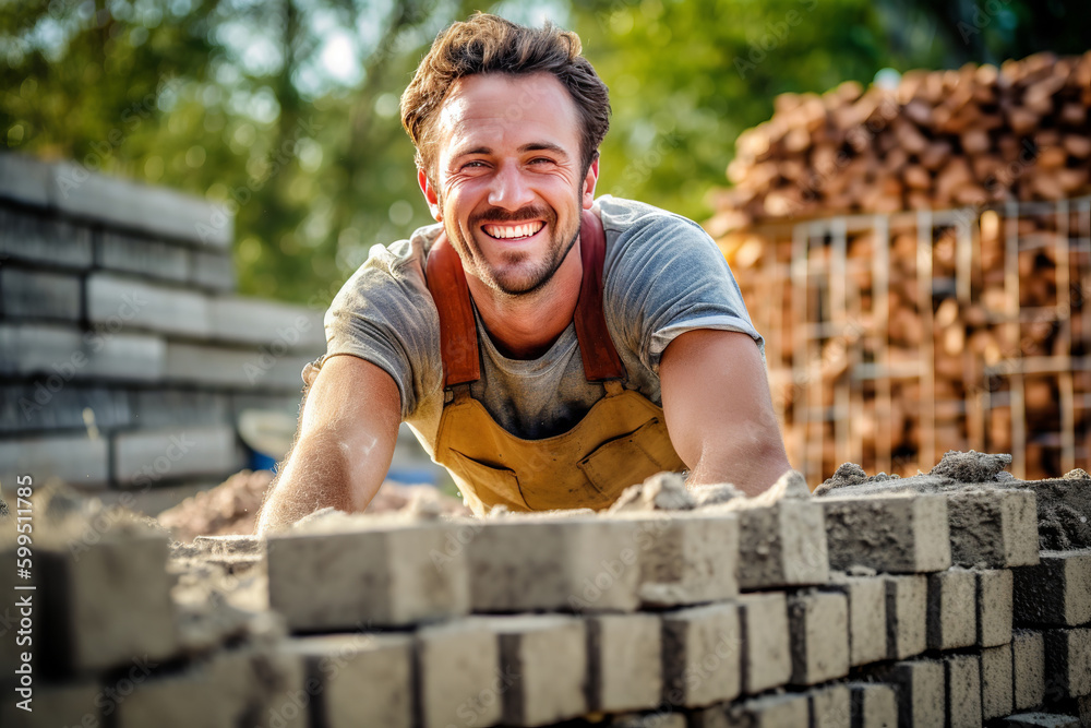 Zdjęcie bez tantiem: A happy white builder laying bricks for a house ...