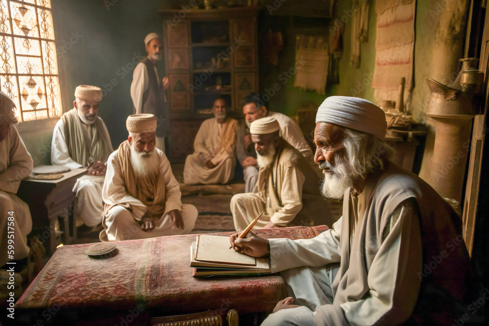 Illustration Stock Middle East old Muslim wise man or master talking to ...