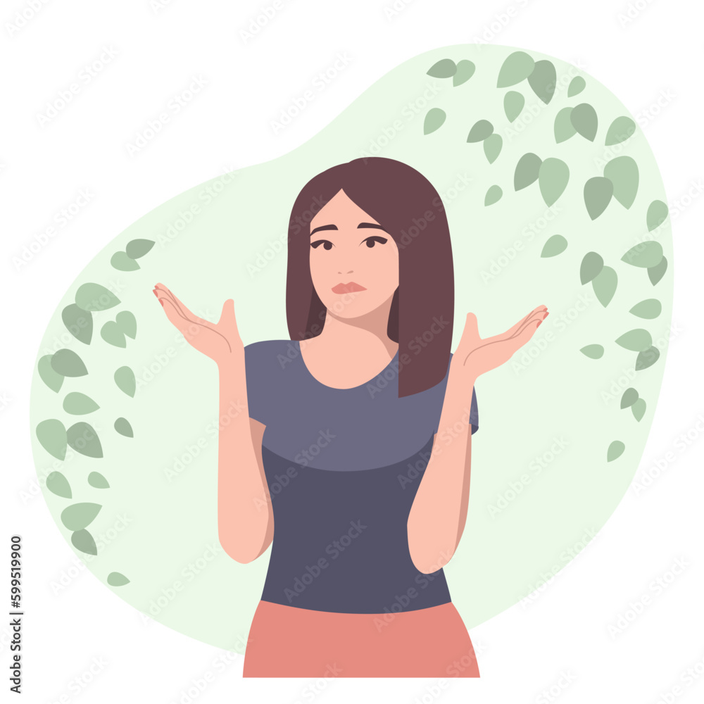 A young beautiful woman shrugs her shoulders and shrugs. I don't know ...