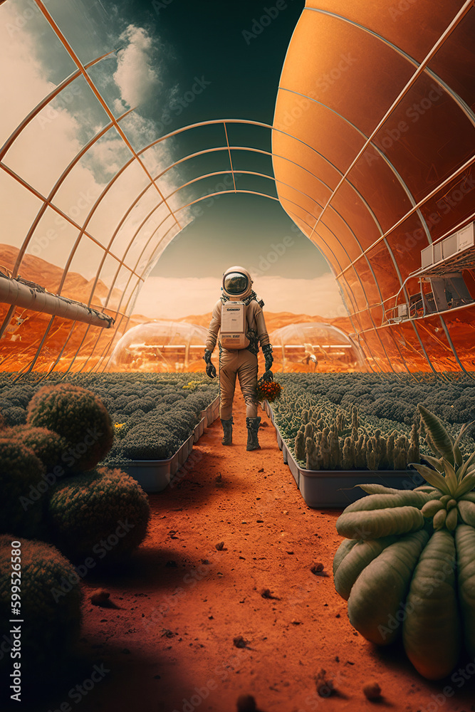 Astronaut growing plant in greenhouse on Mars, futuristic fantasy image ...