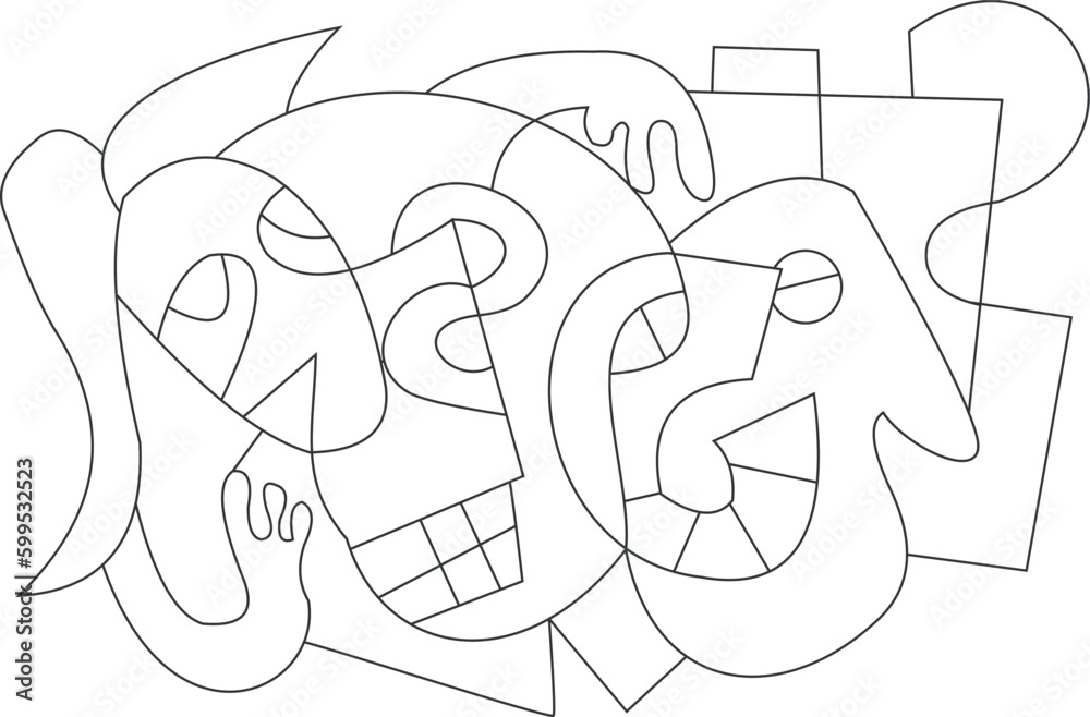 black and white doodle art coloring page containing face shapes 素材庫向量圖 ...
