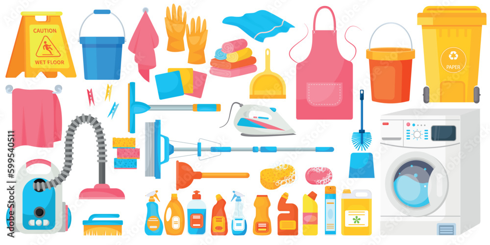 Vector cartoon set with cleaning and laundry items. The concept of ...