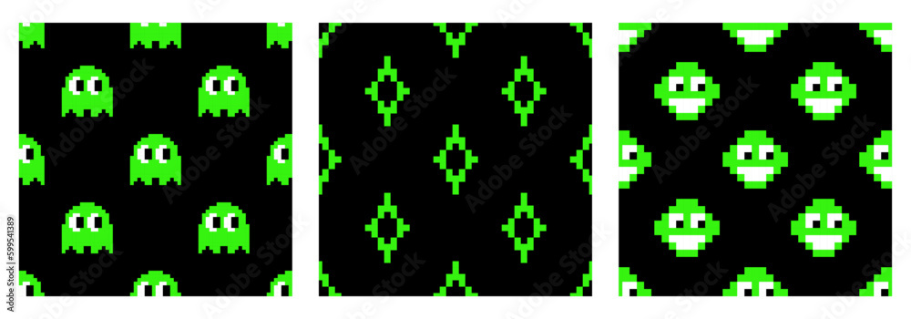 Set of acid seamless patterns in green. Pac man pattern, emoticon, star ...