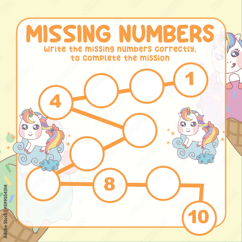 เวกเตอร์ Stock Math game for kids. missing numbers page with colourful ...