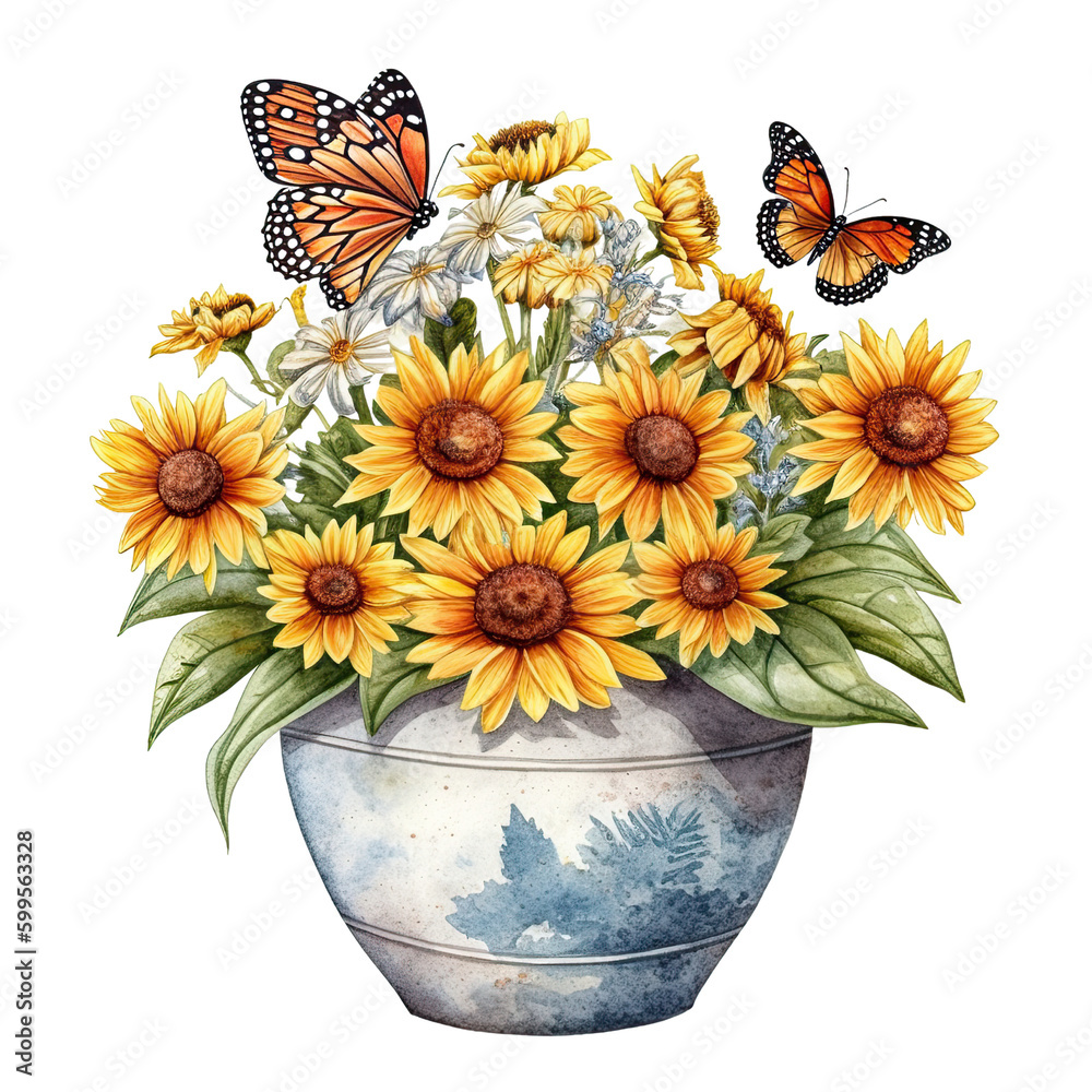 Sunflowers in pot and butterflies Watercolor Clipart Sublimation ...